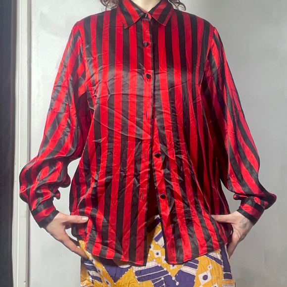 American Vintage | Tops | Vintage Red And Black Striped Blouse | Poshmark